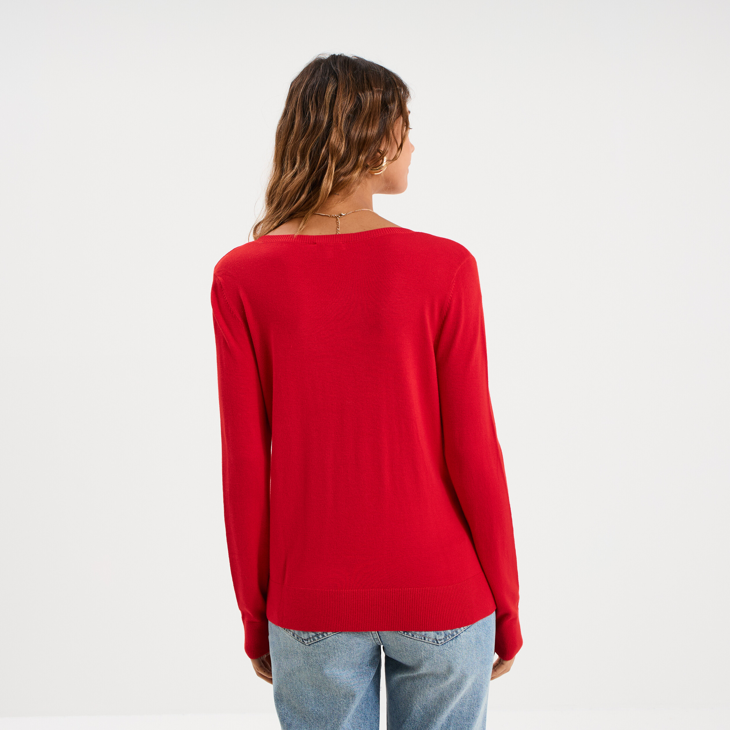 Pull col en V manches longues rouge femme | La Halle