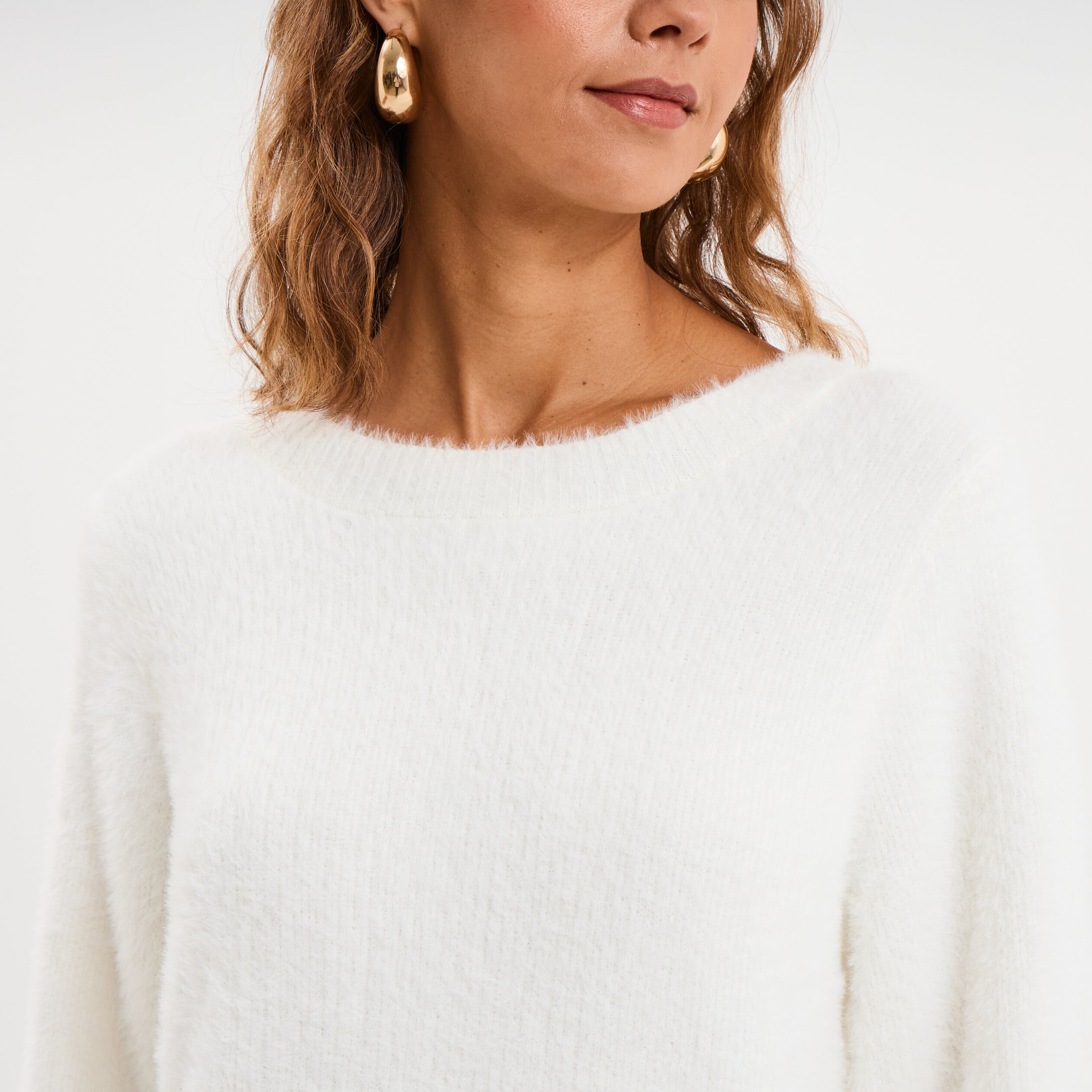 Pull doux col rond manches longues blanc femme | La Halle