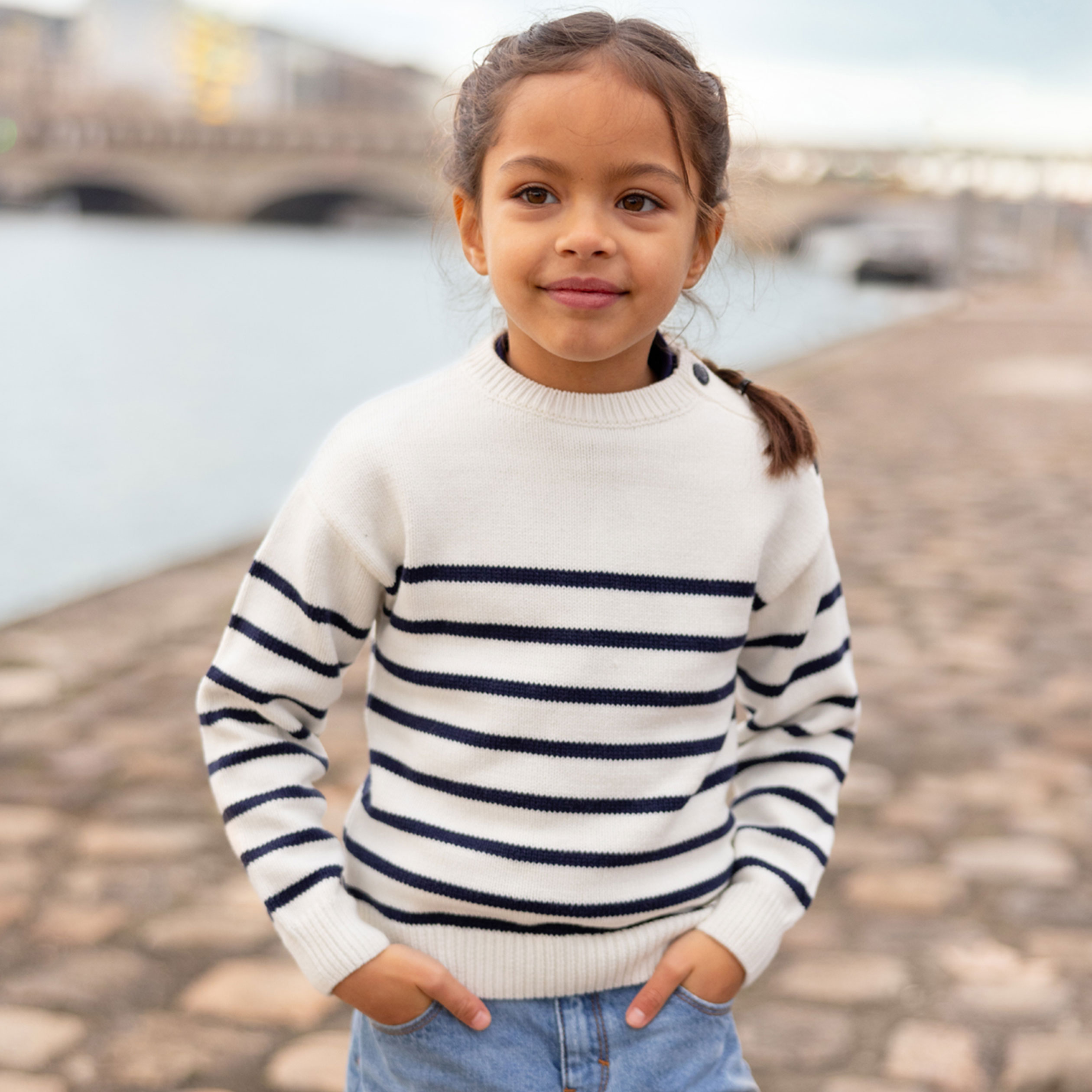 Pull marinière épaule boutonnée Creeks ecru fille | La Halle