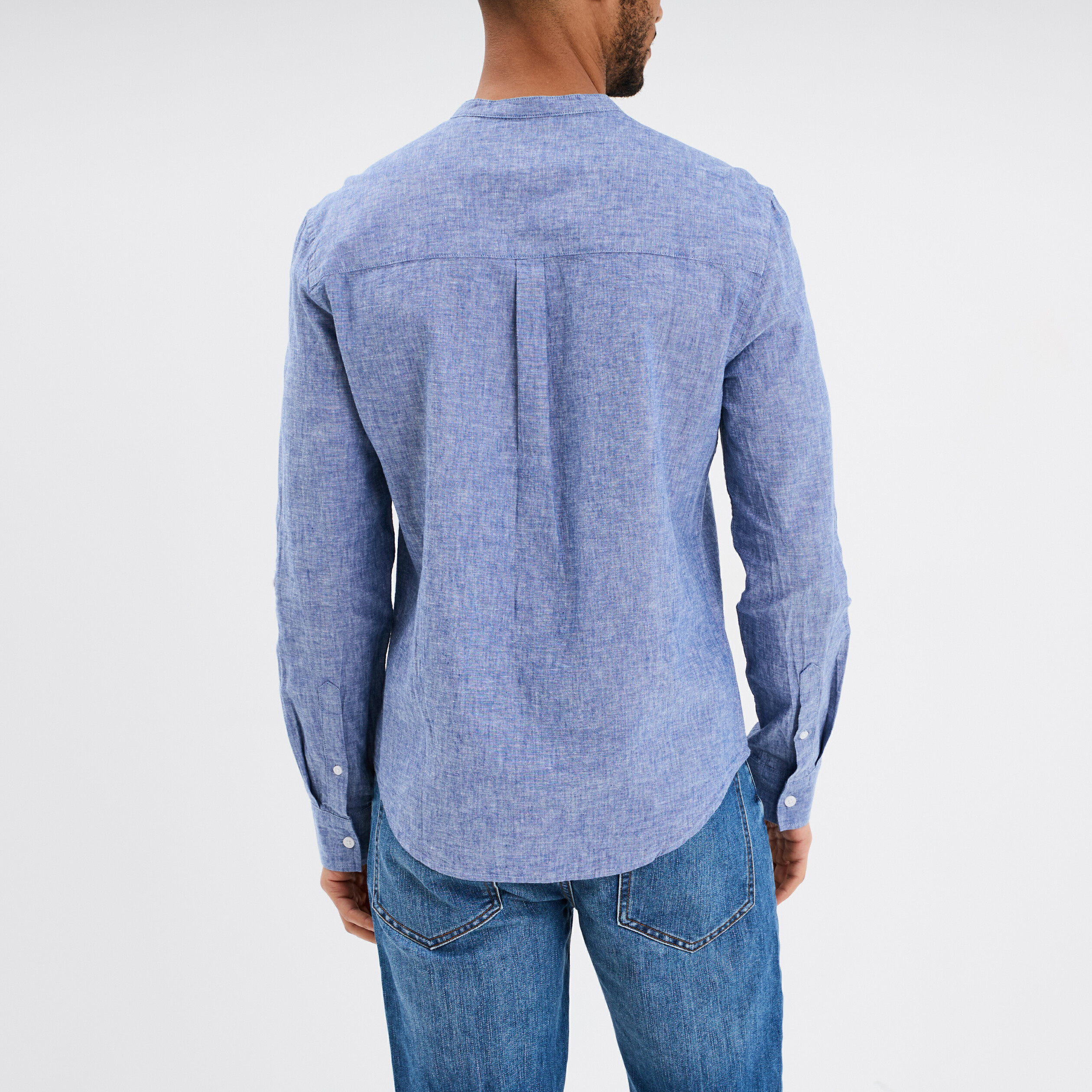 Chemise col mao lin mélangé bleu homme | La Halle