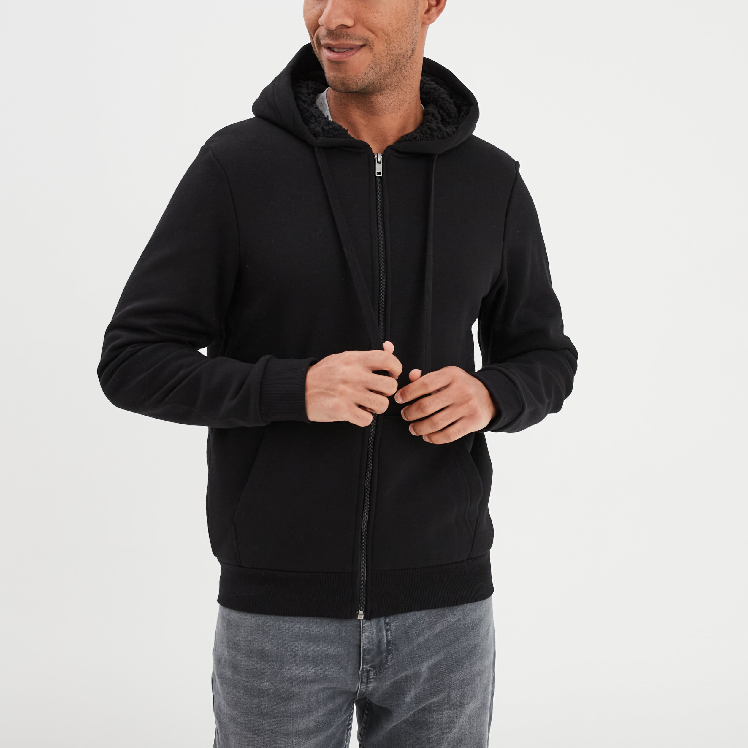 Sweat zippé doublure effet sherpa noir homme | La Halle