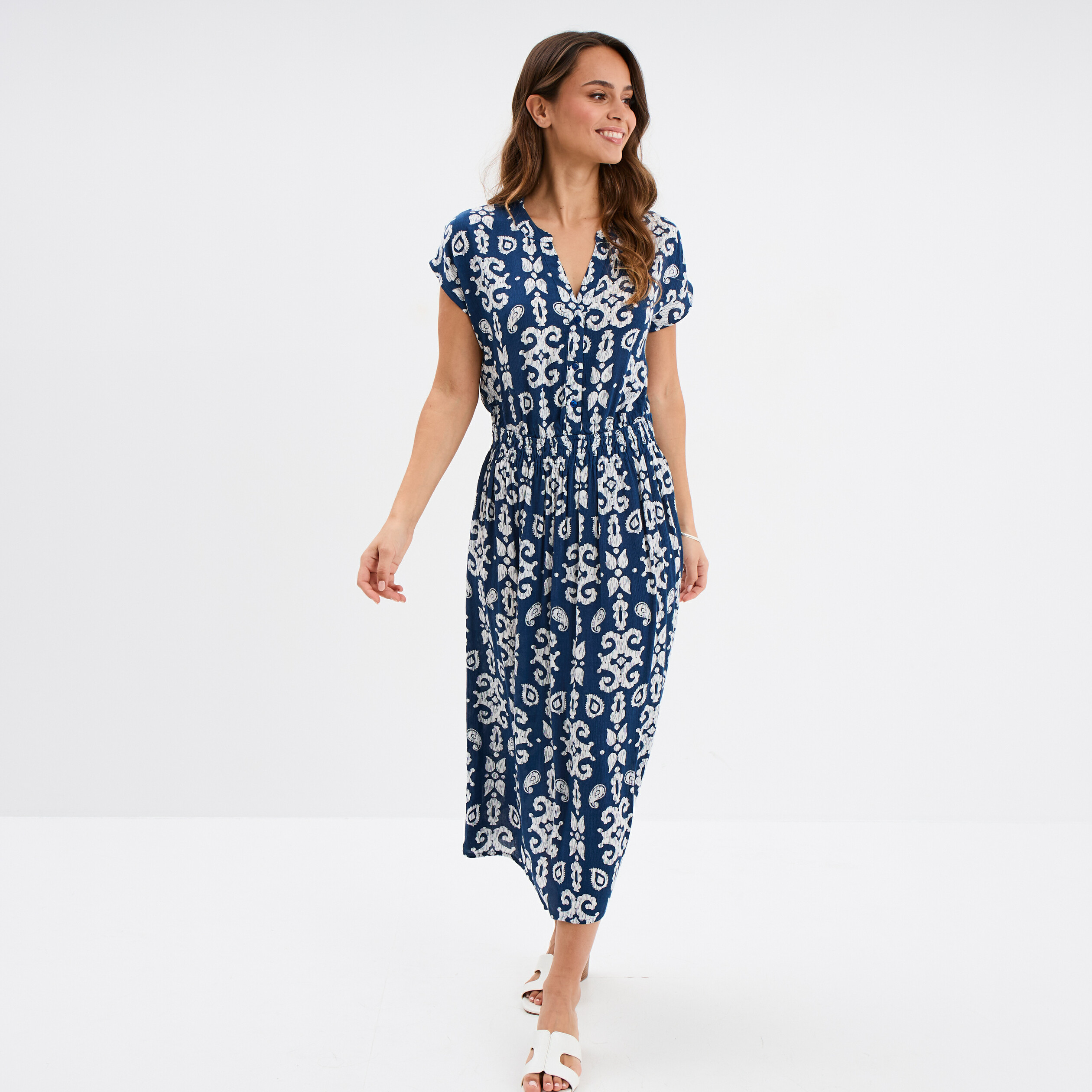 Robe longue crépon col tunisien bleu marine femme | La Halle