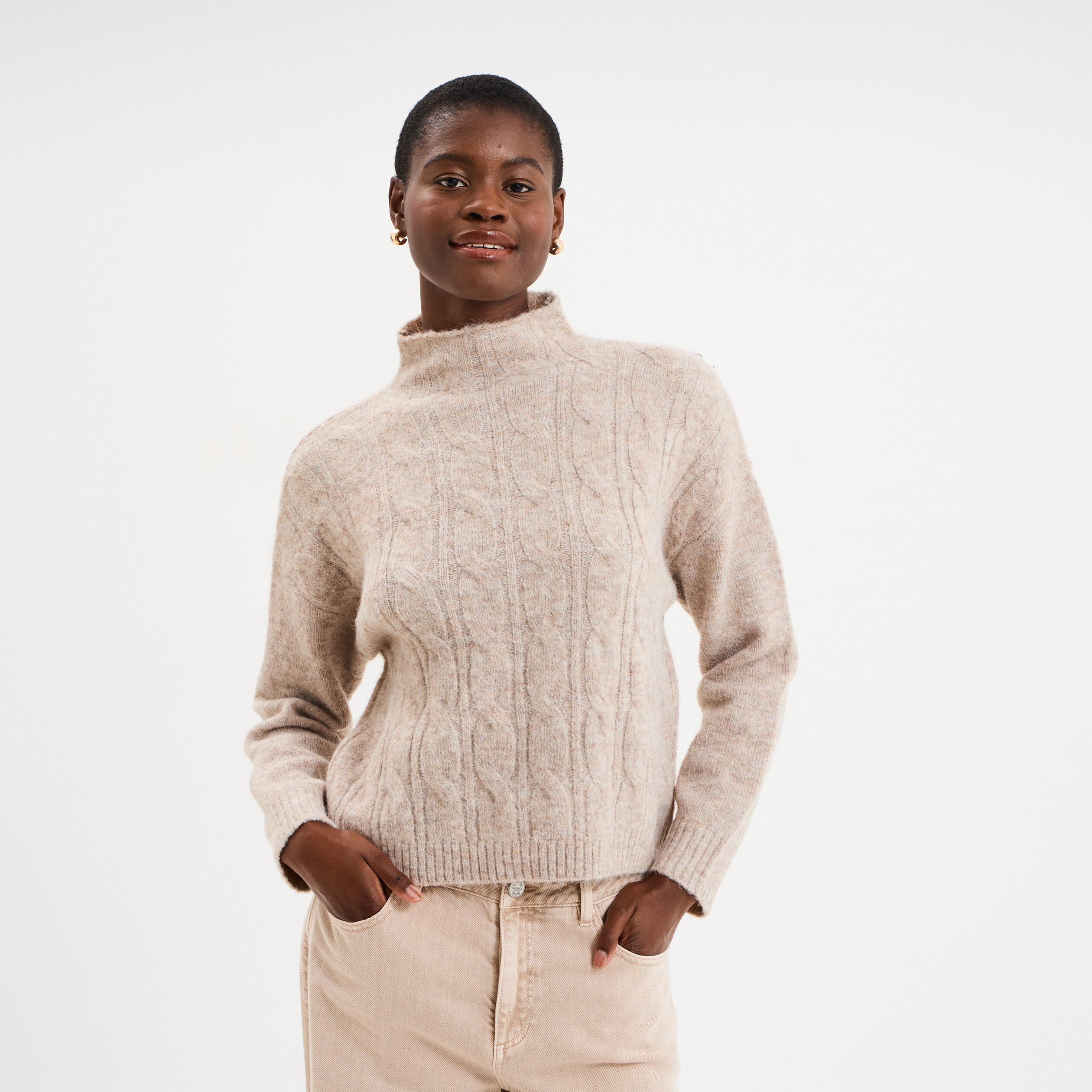 Pull col montant détails torsades beige femme | La Halle