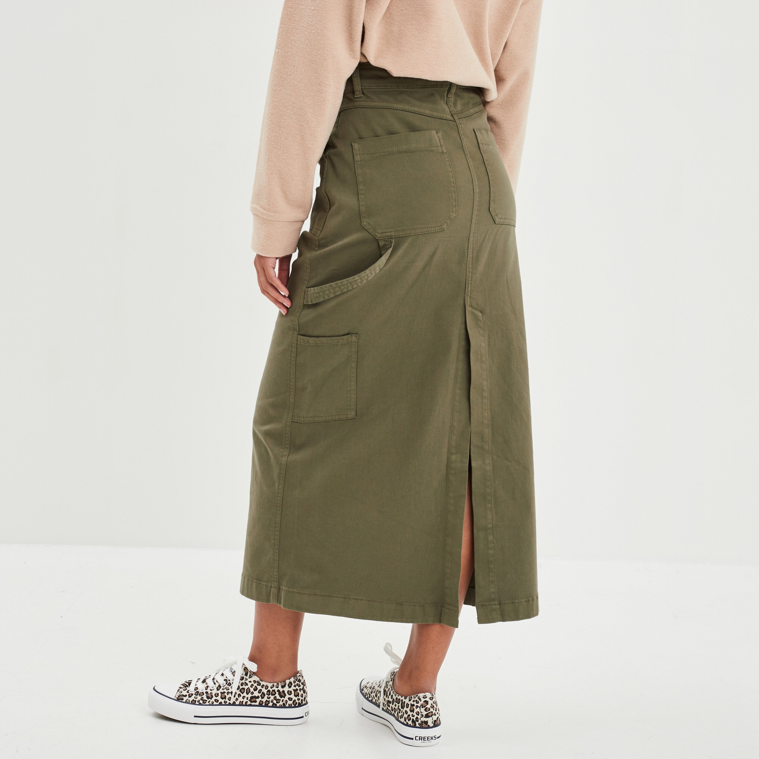 Jupe midi droite 5 poches vert kaki femme | La Halle