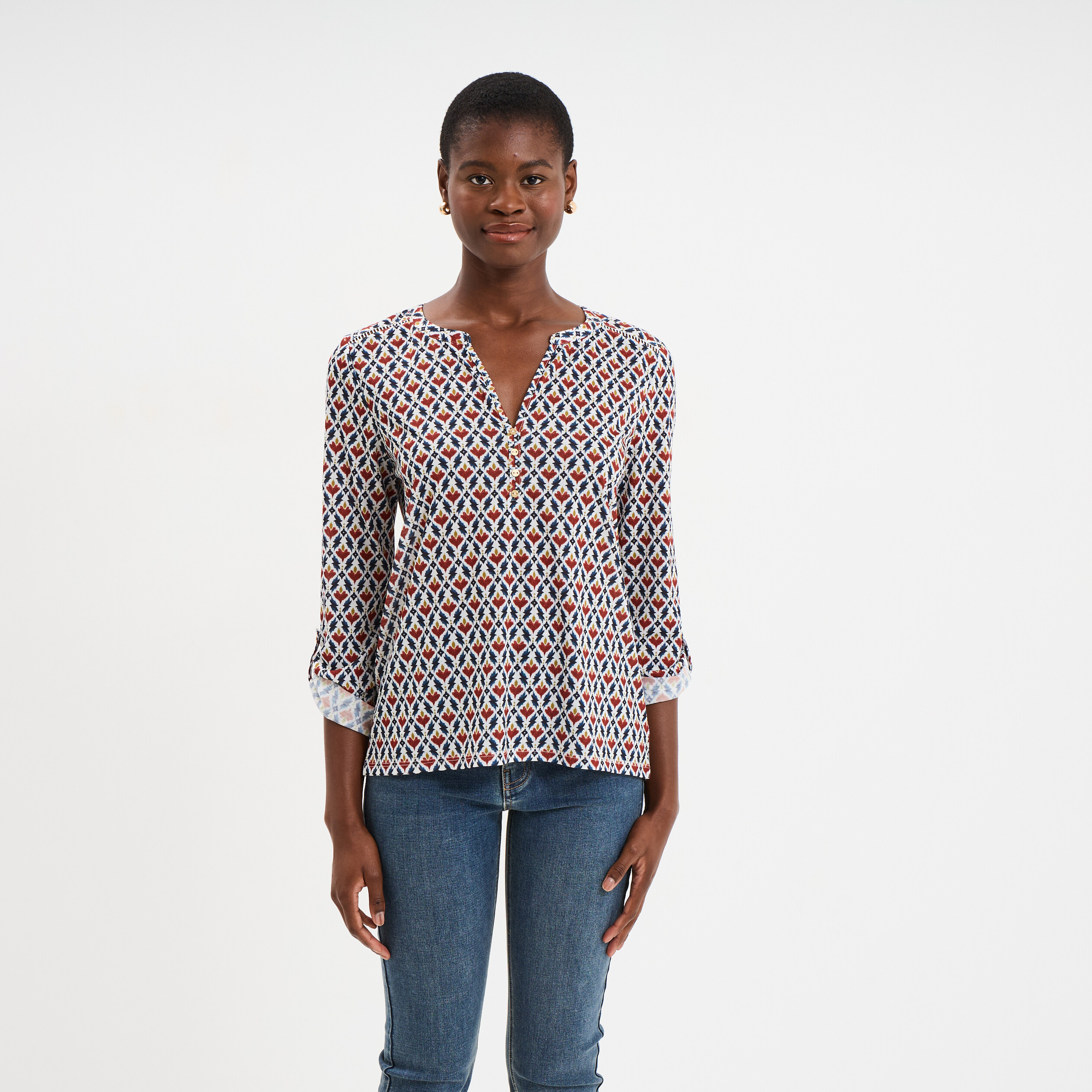 T-shirt col mao manches retroussables ecru femme | La Halle