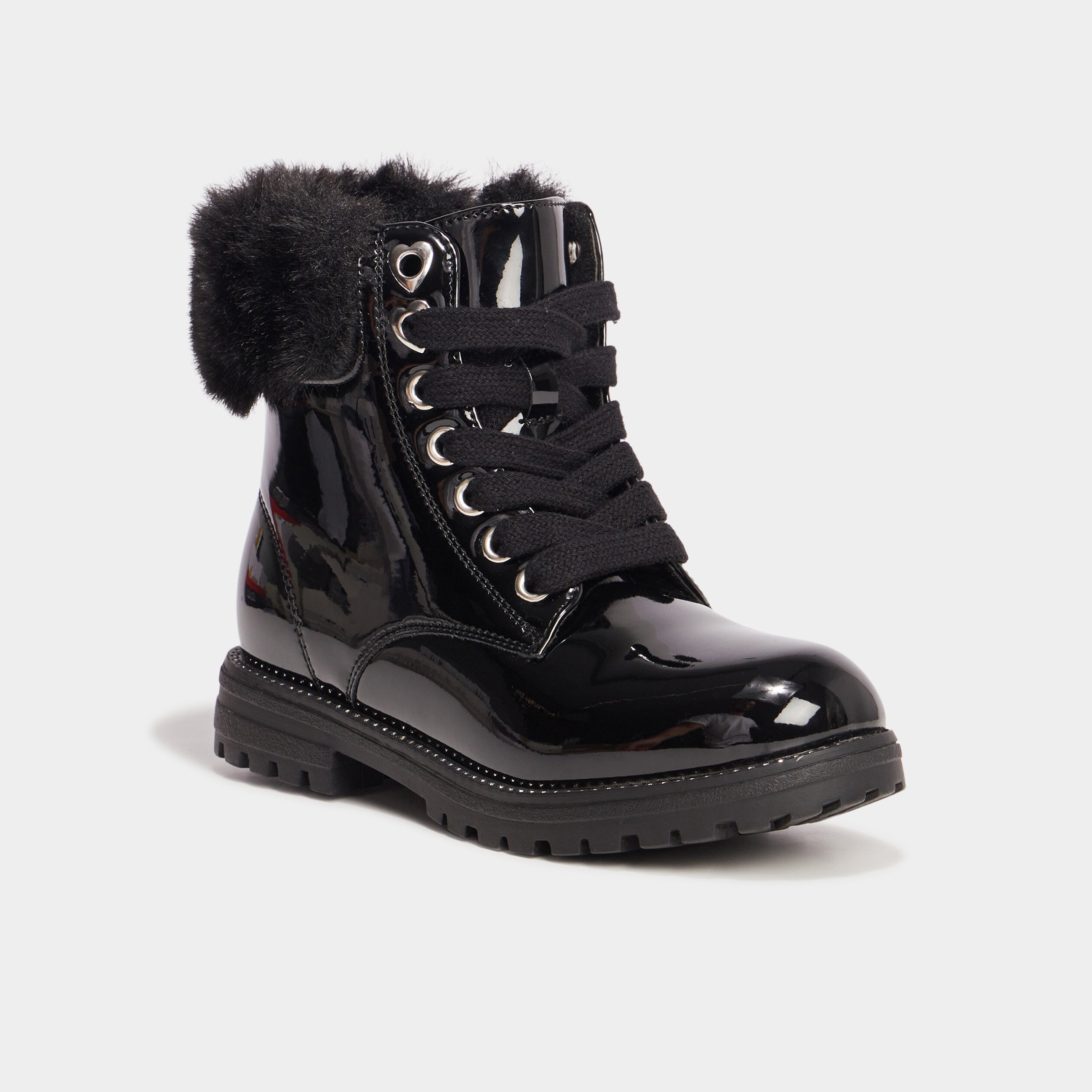 Bottines vernies bords fausse fourrure noir fille | La Halle