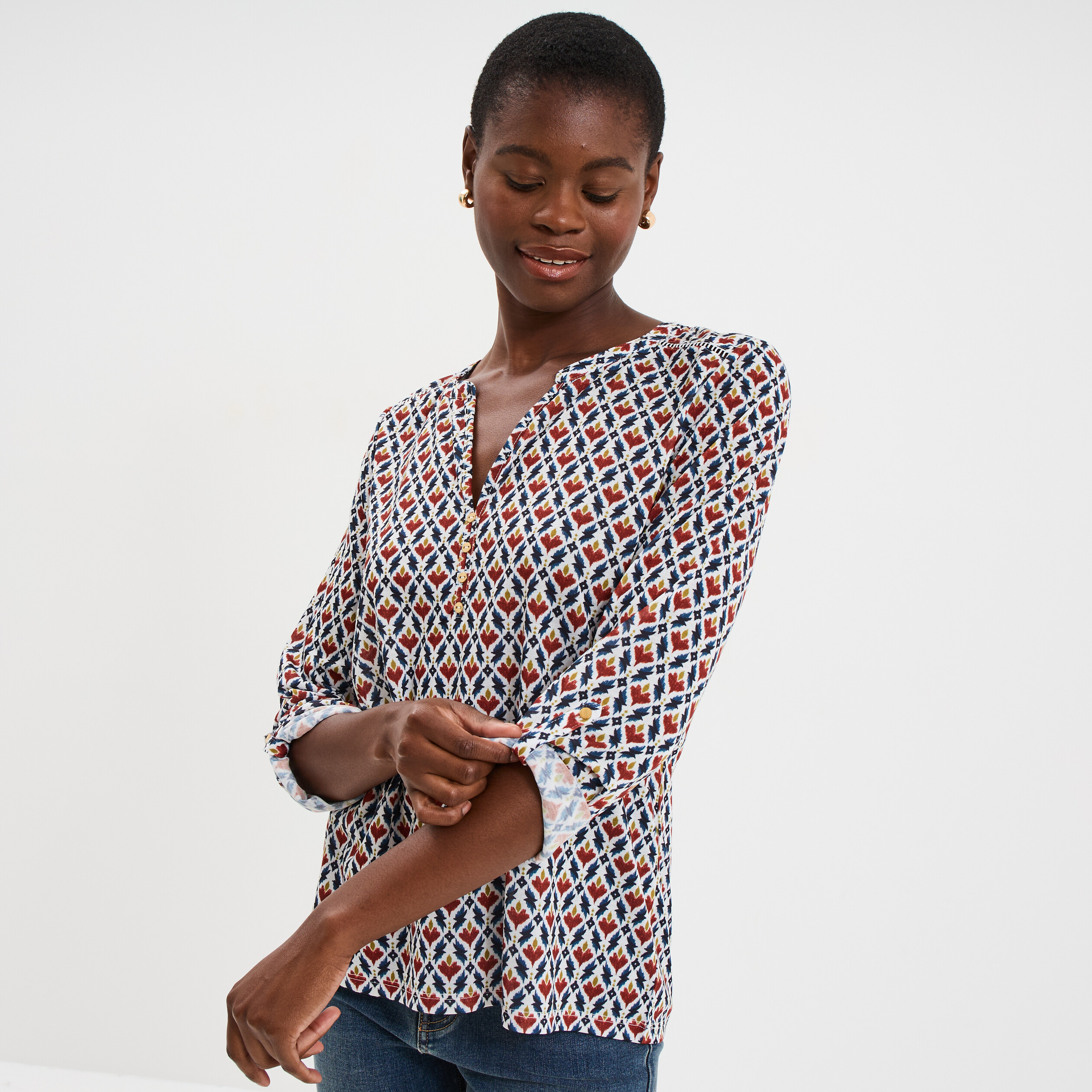T-shirt col mao manches retroussables ecru femme | La Halle