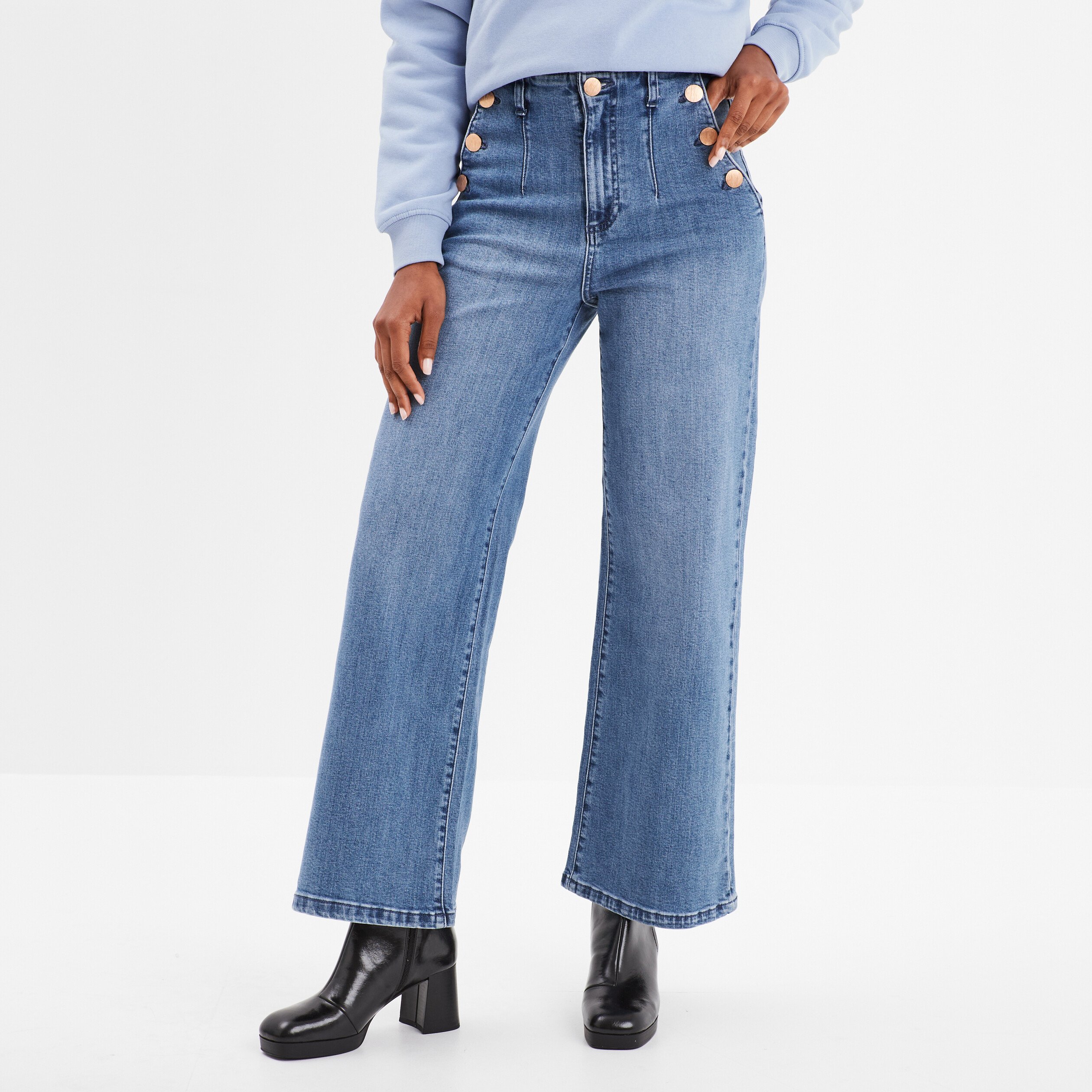 Jean flare cropped taille haute denim triple stone femme | La Halle