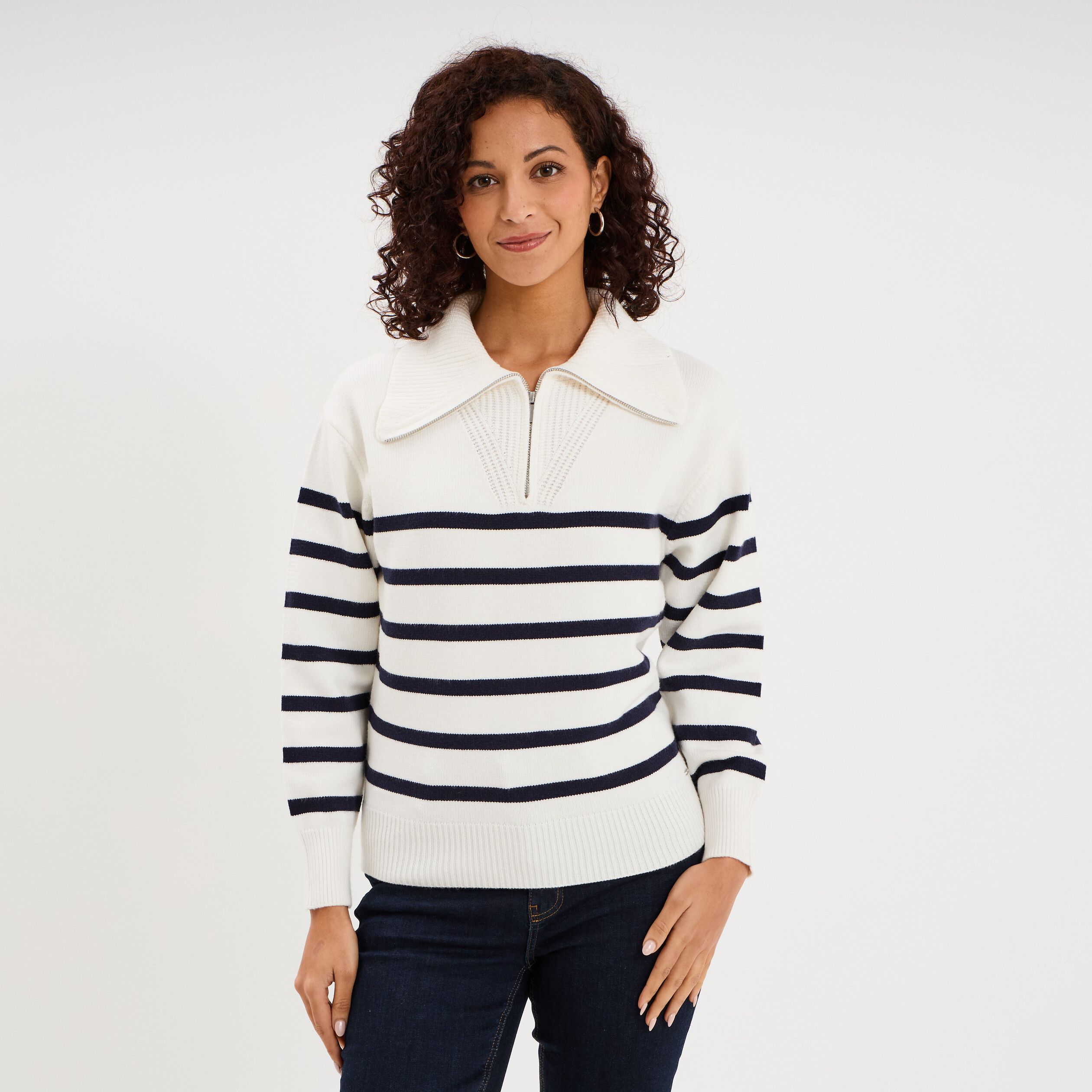 Pull col camionneur zippé ecru femme | La Halle