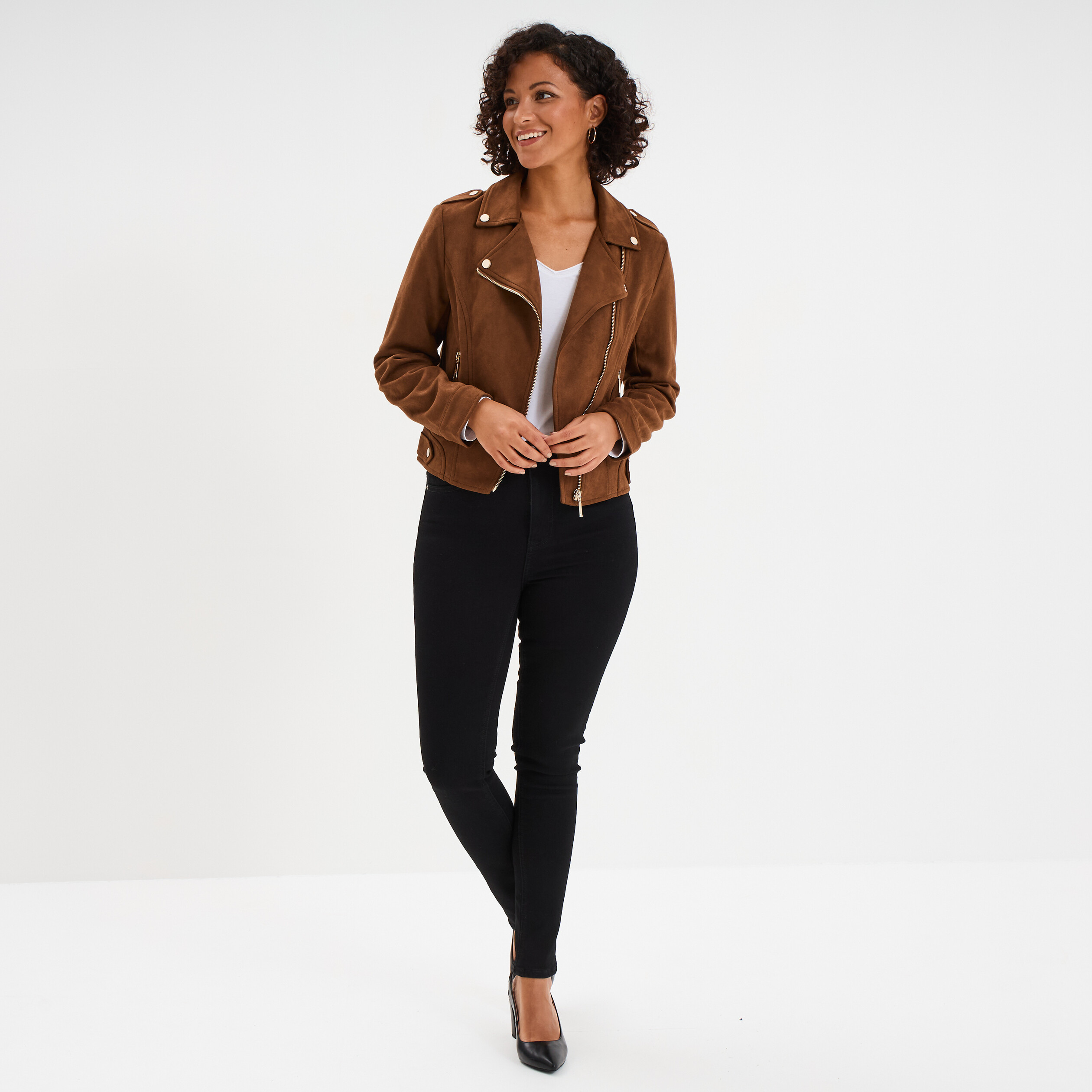Veste courte esprit biker effet suédine camel femme | La Halle