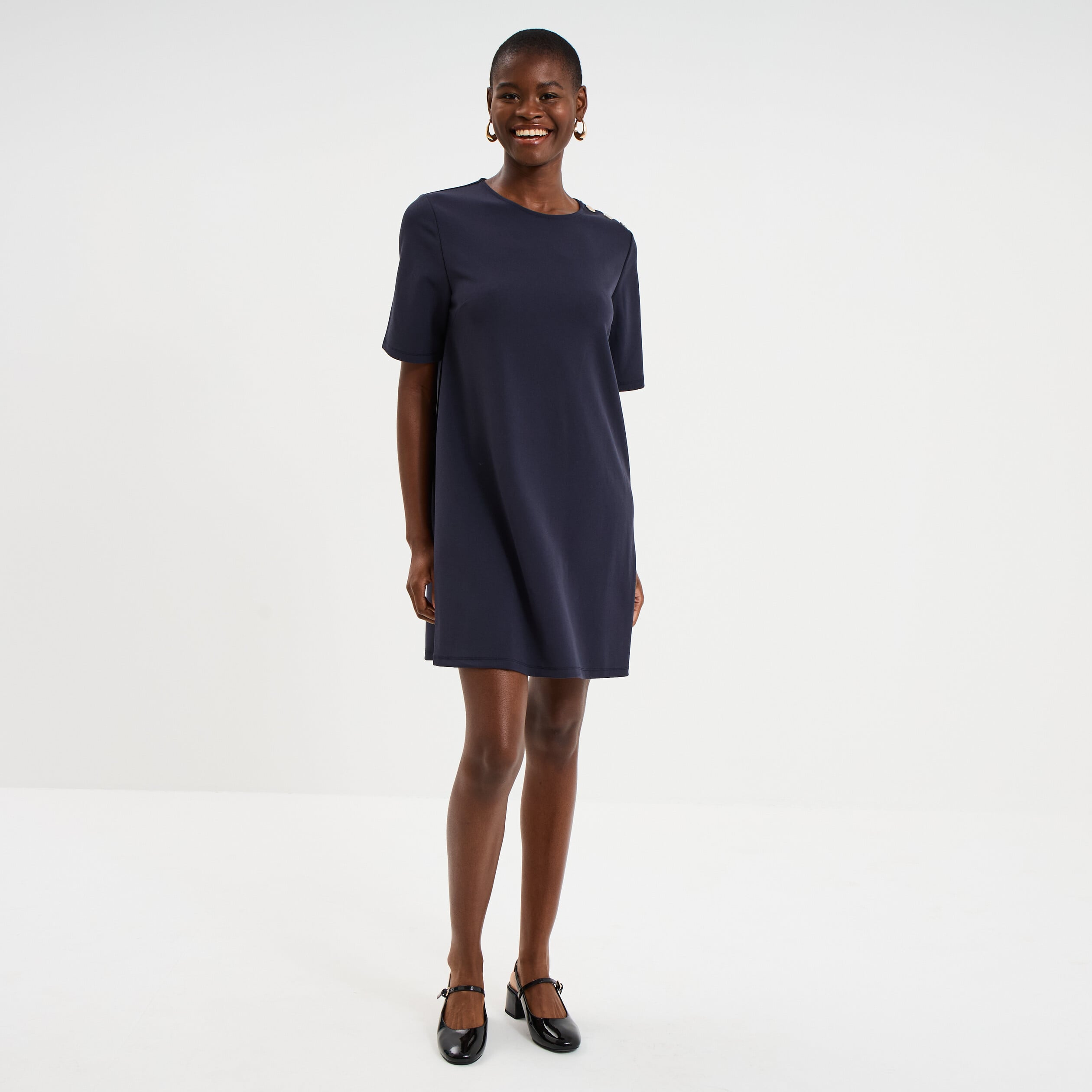 Robe droite crêpe manches courtes bleu foncé femme | La Halle