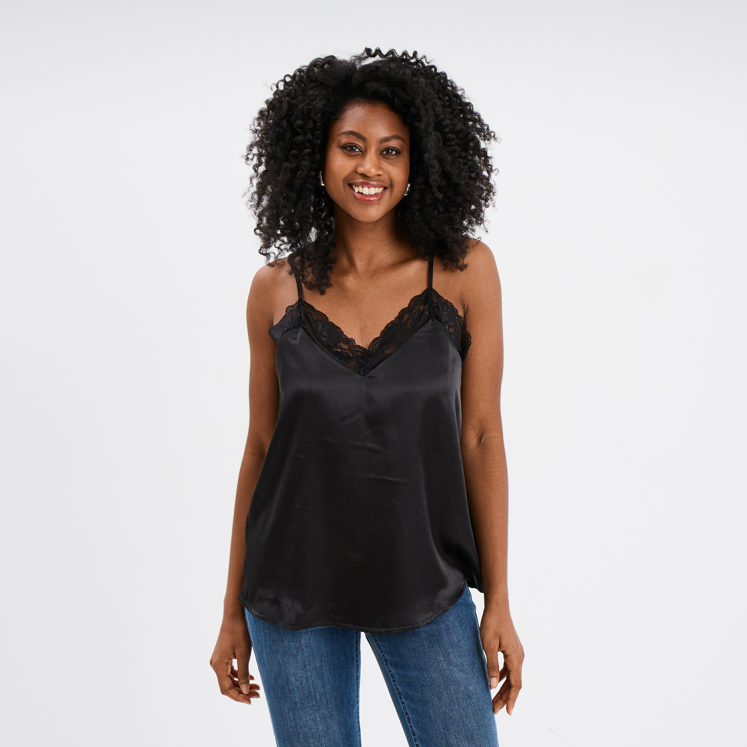 Caraco effet satin détails dentelle noir femme | La Halle