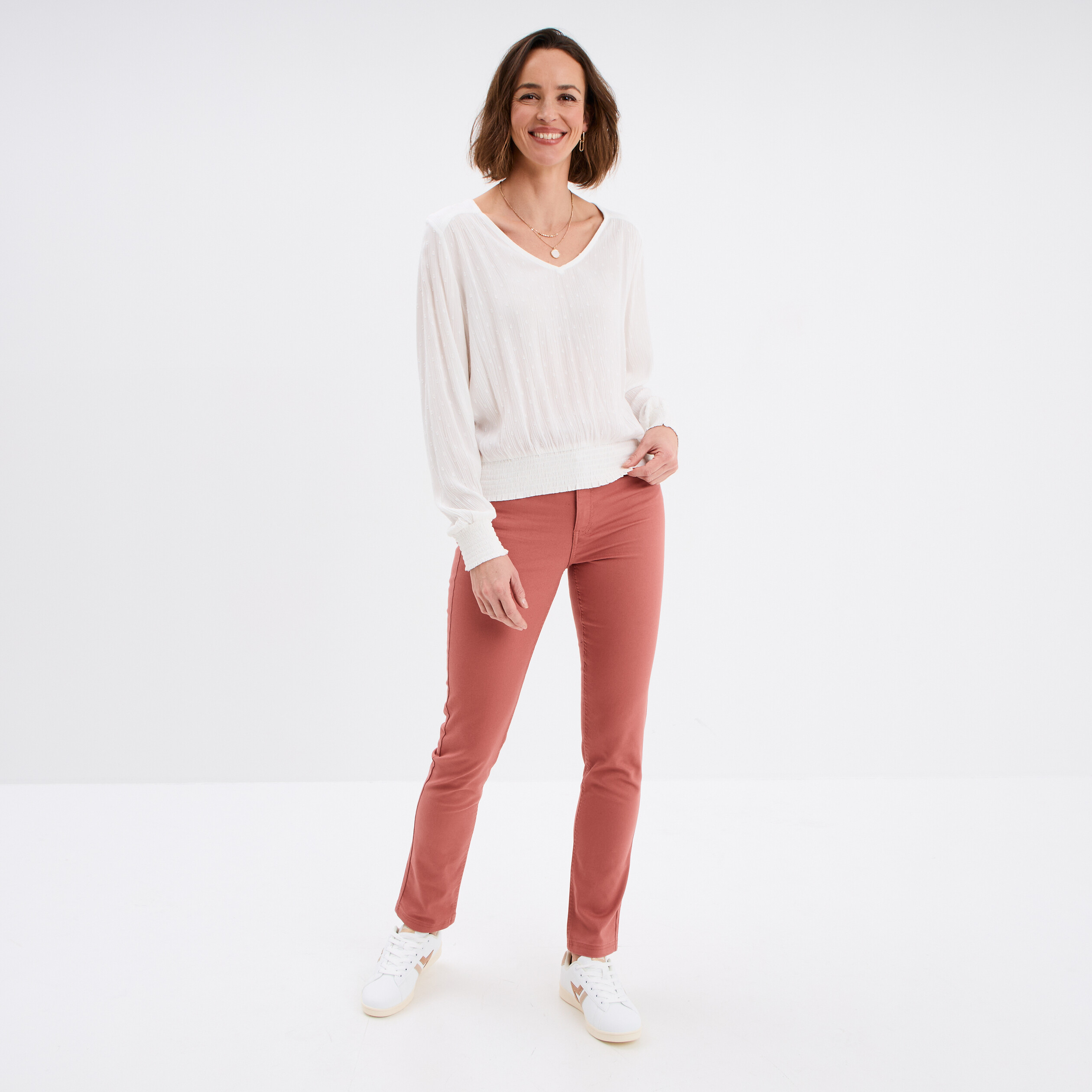 Blouse col en V taille smockée blanc femme | La Halle