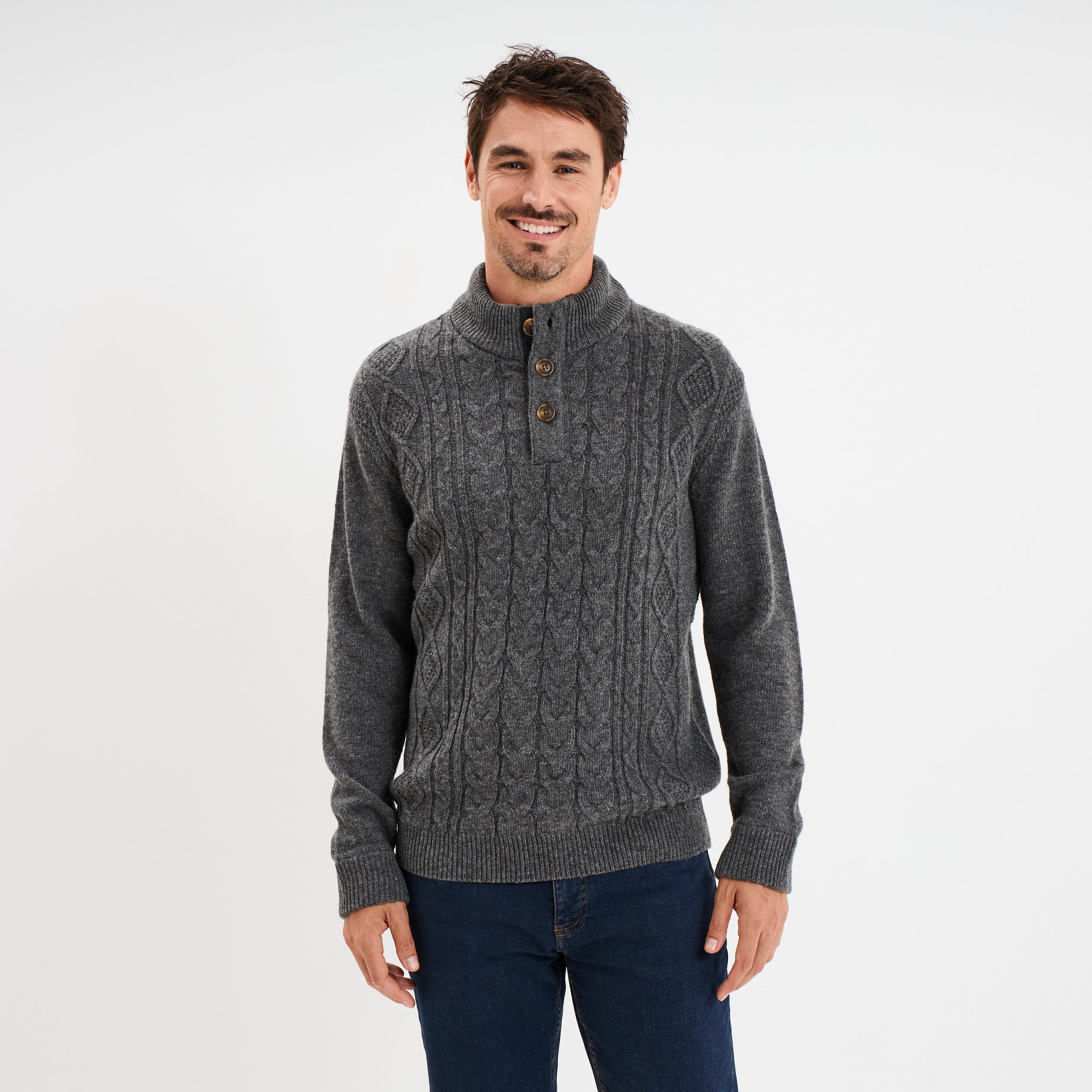 Pull col montant boutonné et torsades gris foncé homme | La Halle