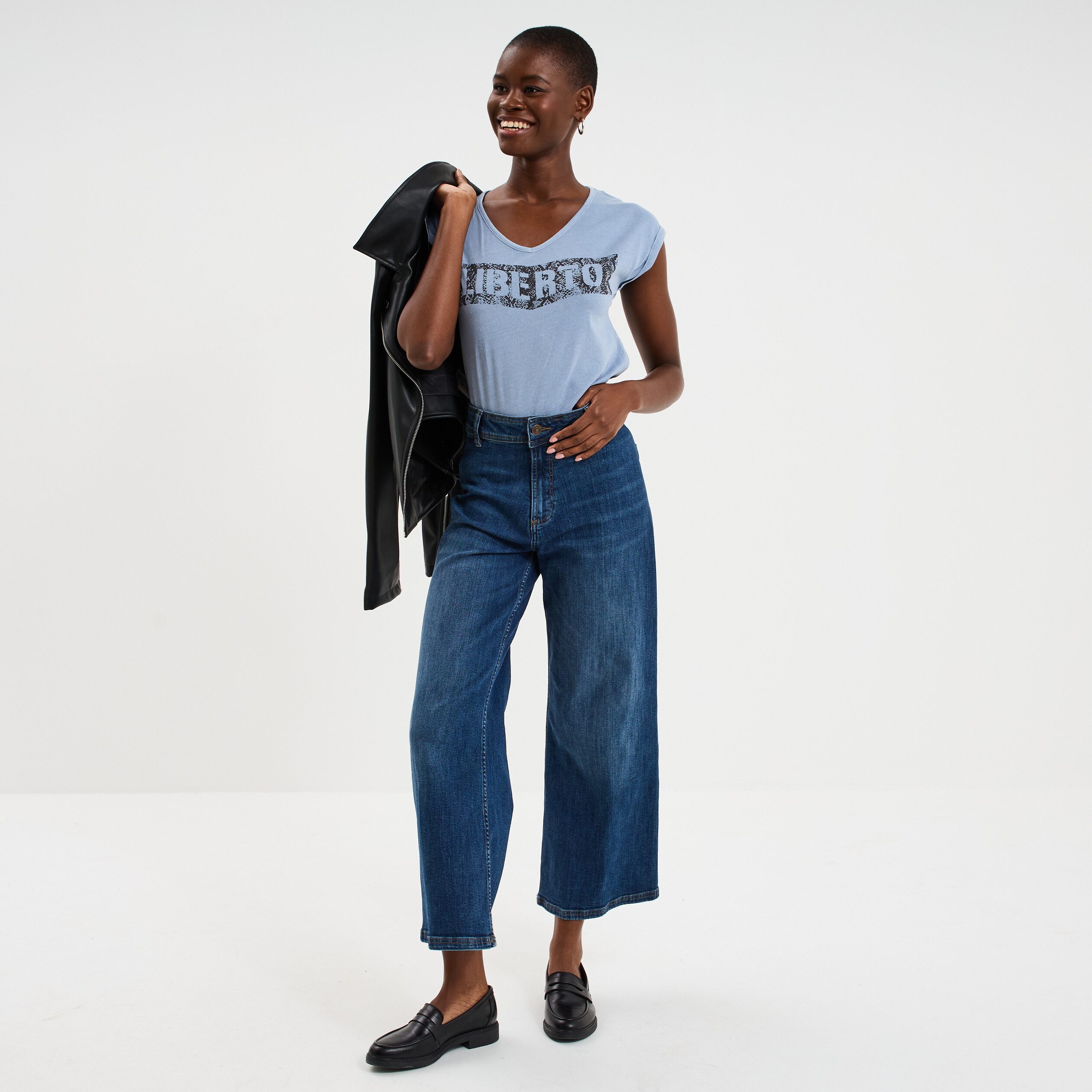 T-shirt délavé en coton bleu gris femme | La Halle