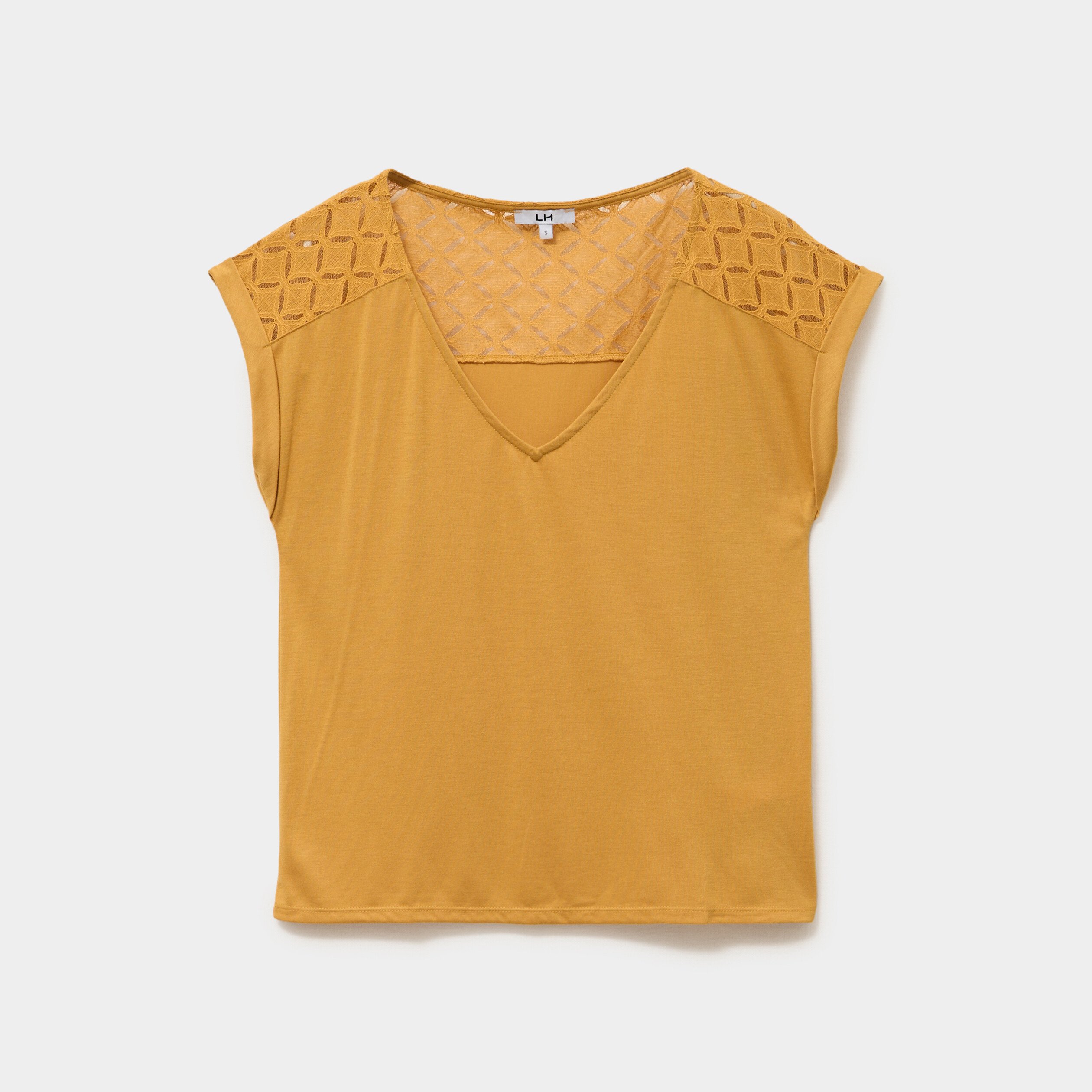 T-shirt col en V dentelle épaules et dos jaune moutarde femme | La Halle