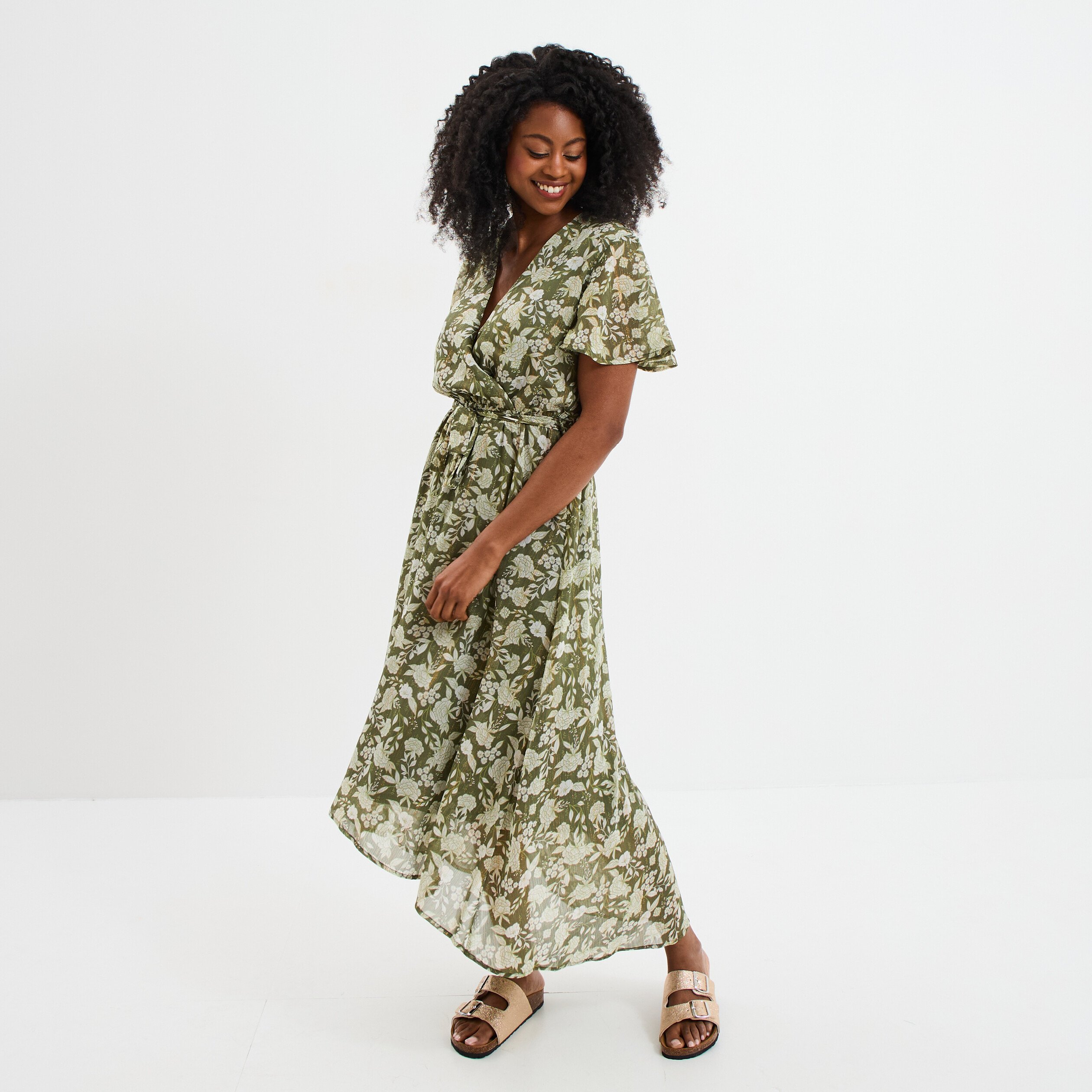 Robe longue évasée col cache-coeur vert kaki femme | La Halle