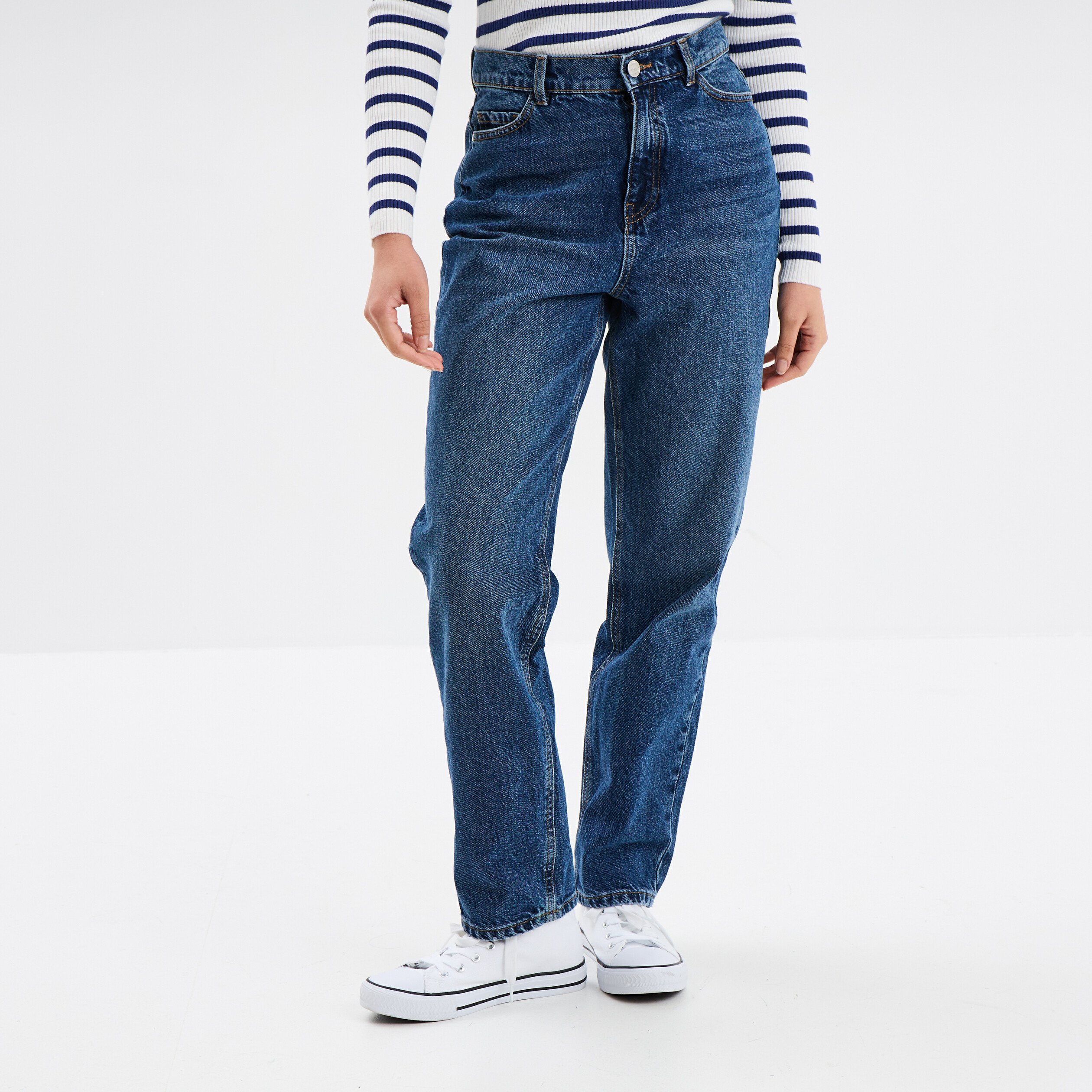 Jeans mom 7/8ème taille haute denim stone femme | La Halle