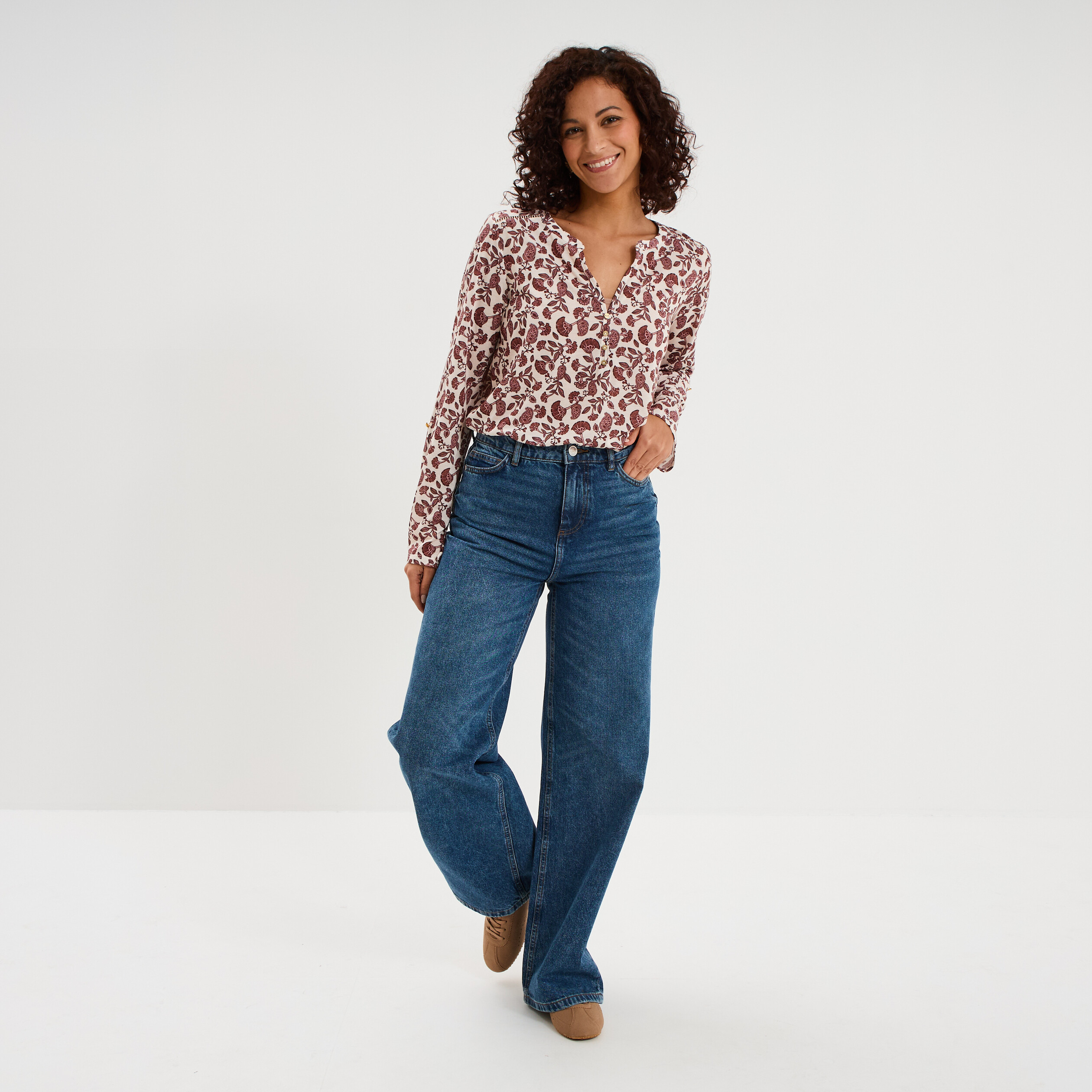 T-shirt col mao manches retroussables ecru femme | La Halle