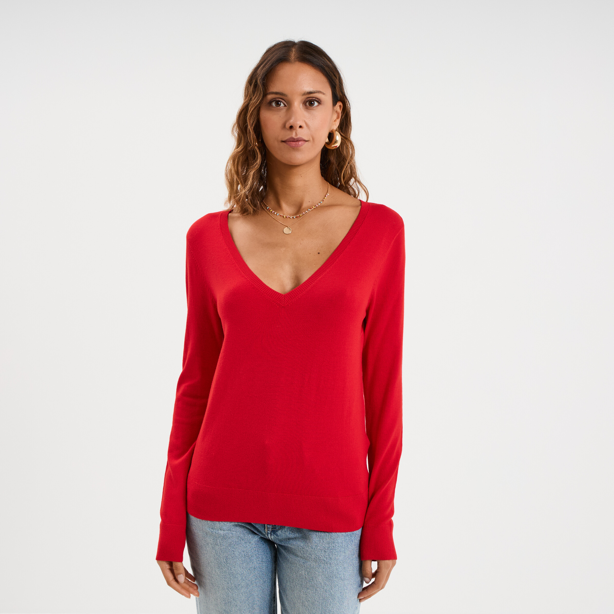 Pull col en V manches longues rouge femme | La Halle