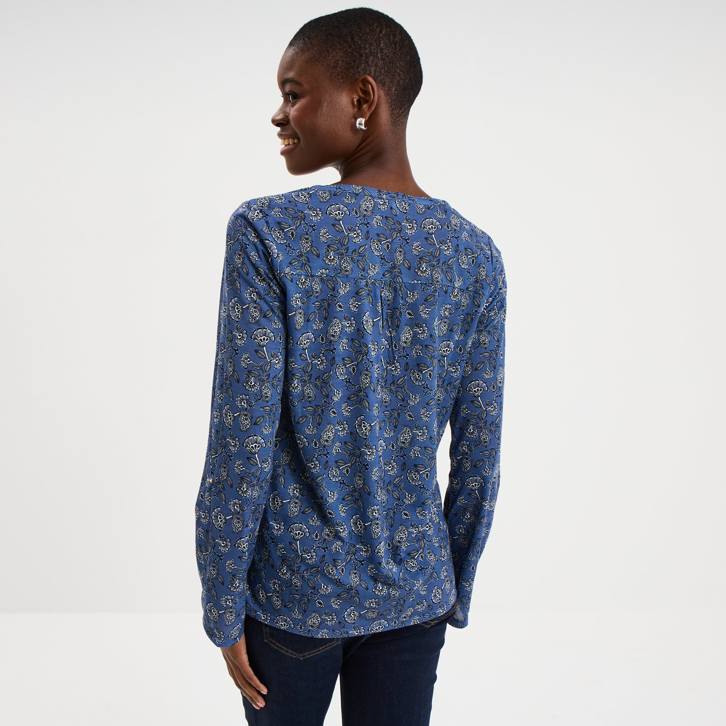 T-shirt col mao manches retroussables bleu gris femme | La Halle