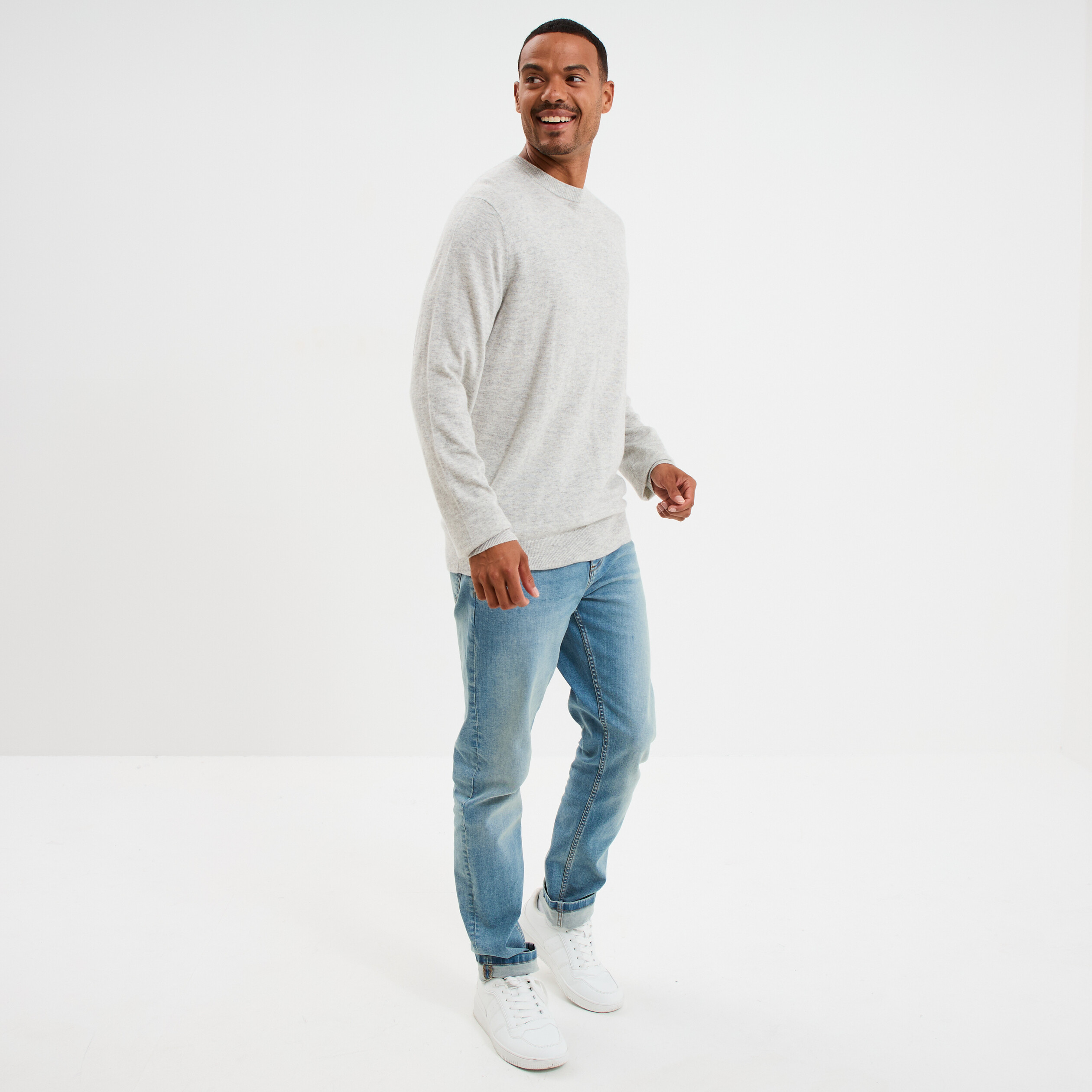 Pull col rond manches longues gris clair homme | La Halle