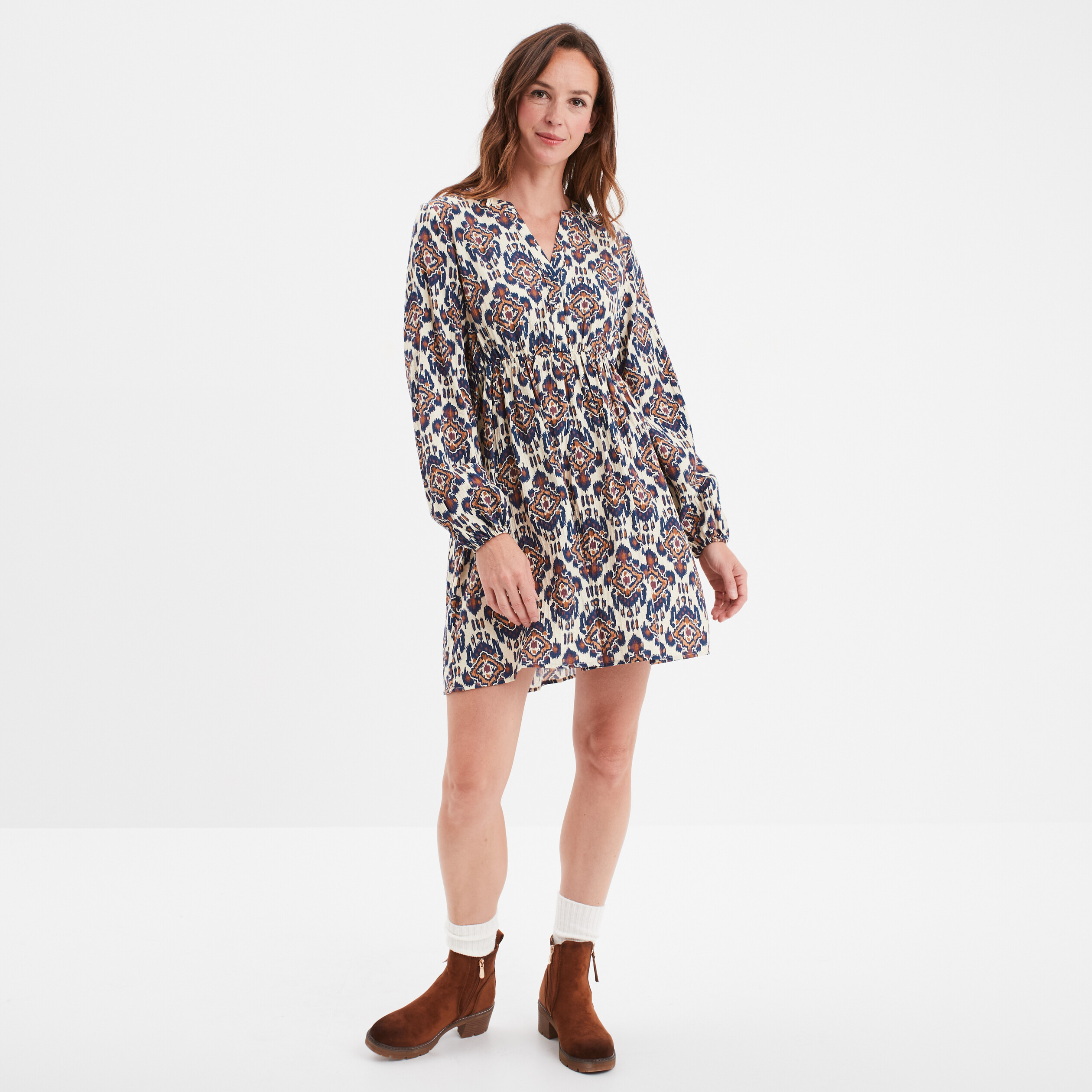 Robe col tunisien courte évasée fluide ecru femme | La Halle