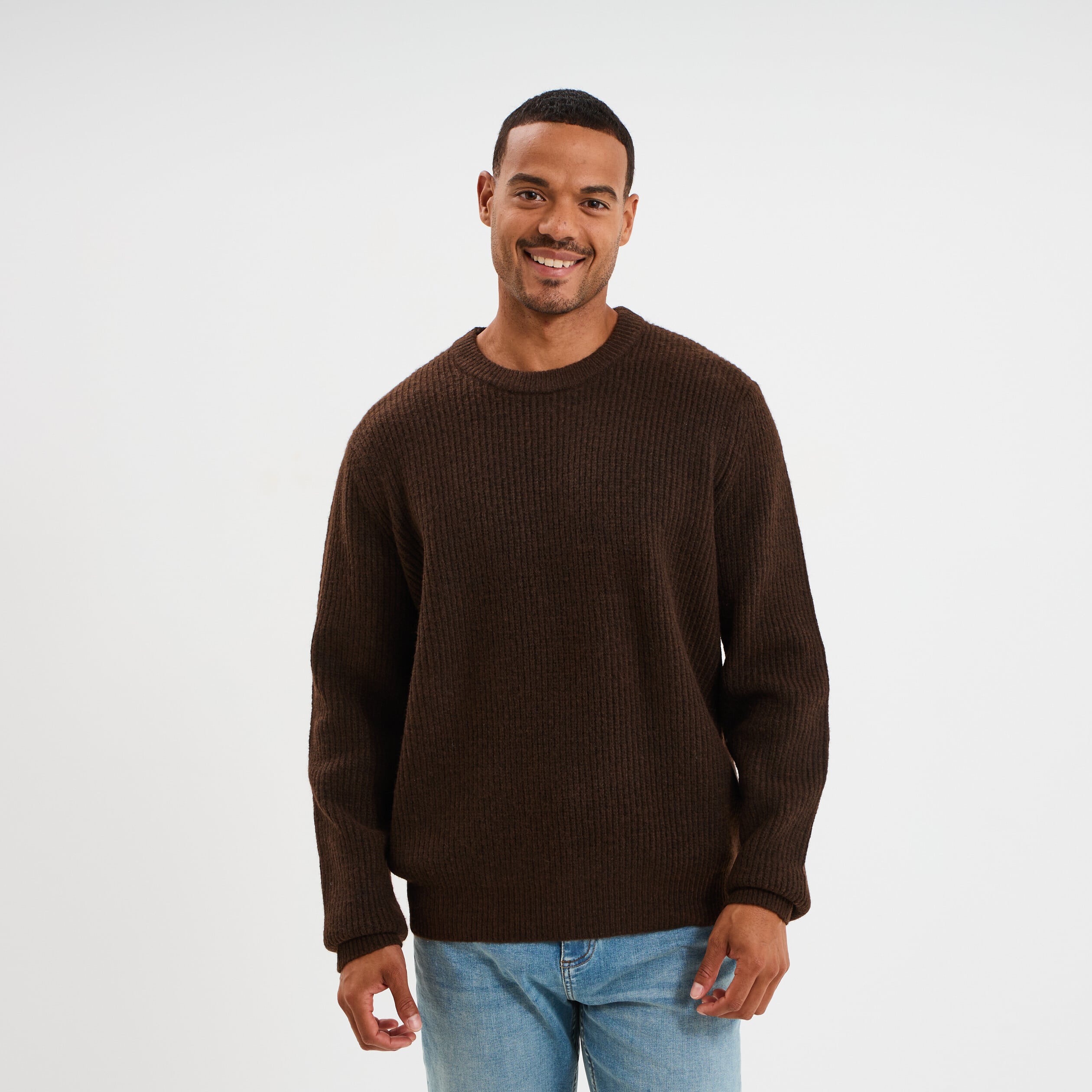 Pull col rond à manches longues marron foncé homme | La Halle