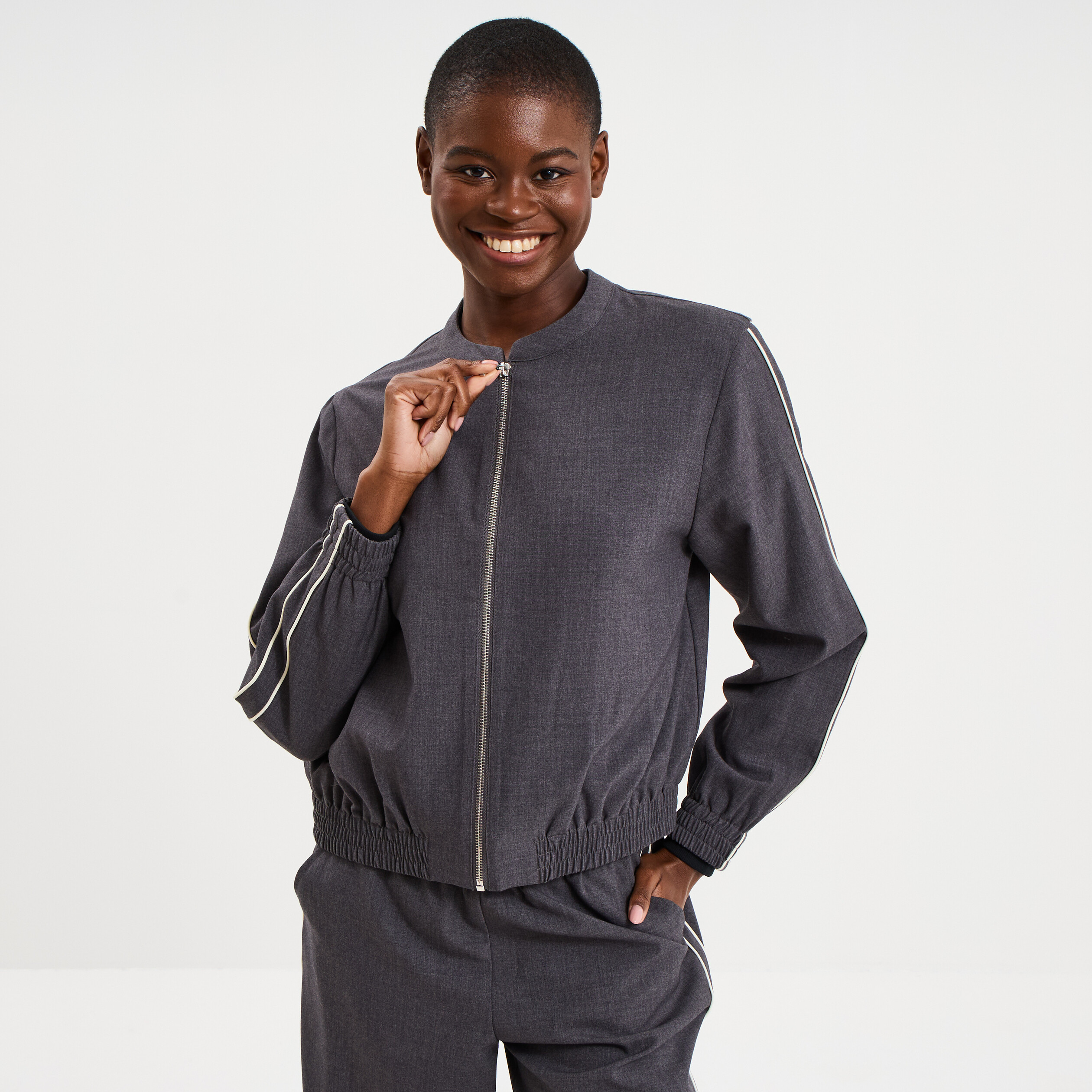 Veste bomber manches longues gris clair femme | La Halle
