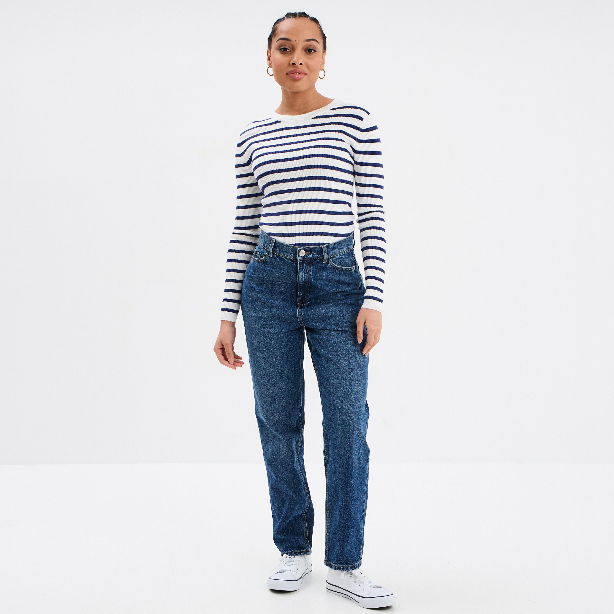 Jeans mom 7/8ème taille haute denim stone femme | La Halle